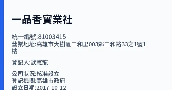 一品香實業社的照片-統編 81003415(高雄市) 公司登記資料與營業項目詳細圖表