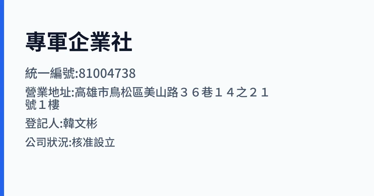 專軍企業社 - 統編 81004738(高雄市) 公司登記資料與營業項目詳細圖表