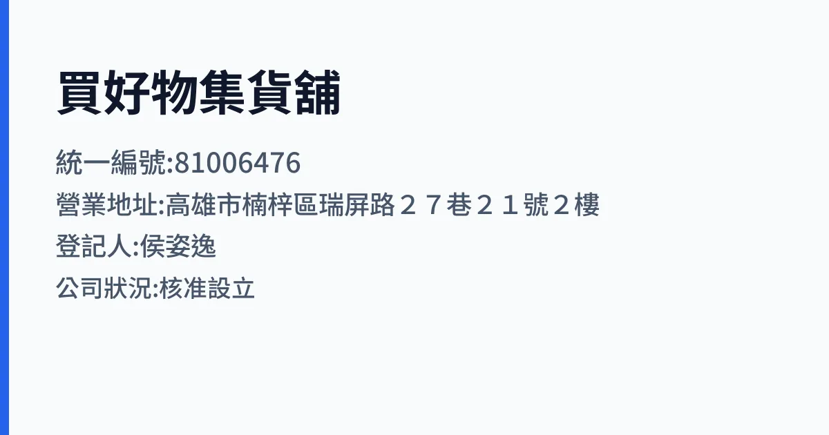 買好物集貨舖 - 統編 81006476(高雄市) 公司登記資料與營業項目詳細圖表