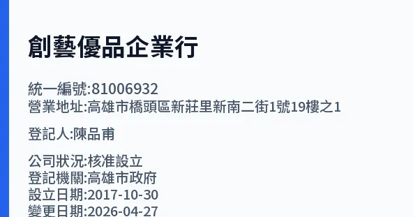 創藝優品企業行的照片-統編 81006932(高雄市) 公司登記資料與營業項目詳細圖表