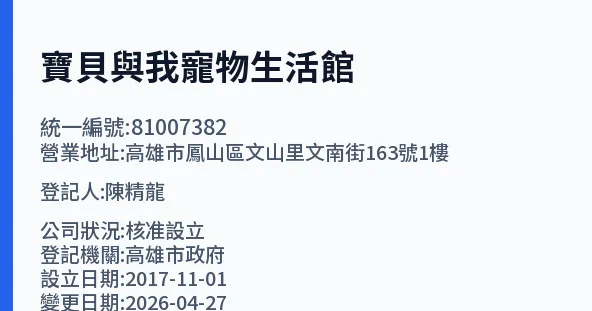 寶貝與我寵物生活館的照片-統編 81007382(高雄市) 公司登記資料與營業項目詳細圖表