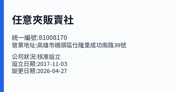 任意夾販賣社的照片-統編 81008170(高雄市) 公司登記資料與營業項目詳細圖表