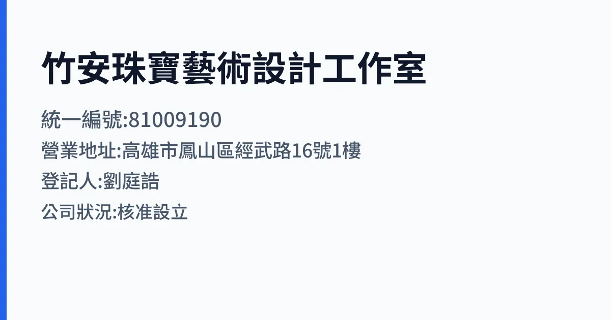 竹安珠寶藝術設計工作室 - 統編 81009190(高雄市) 公司登記資料與營業項目詳細圖表