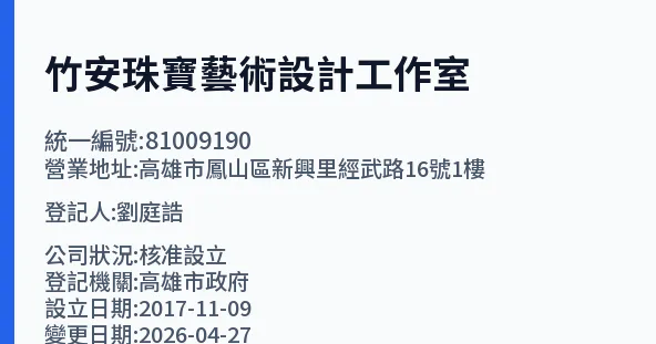 竹安珠寶藝術設計工作室的照片-統編 81009190(高雄市) 公司登記資料與營業項目詳細圖表