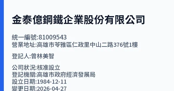 金泰億鋼鐵企業股份有限公司的照片-統編 81009543(高雄市) 公司登記資料與營業項目詳細圖表