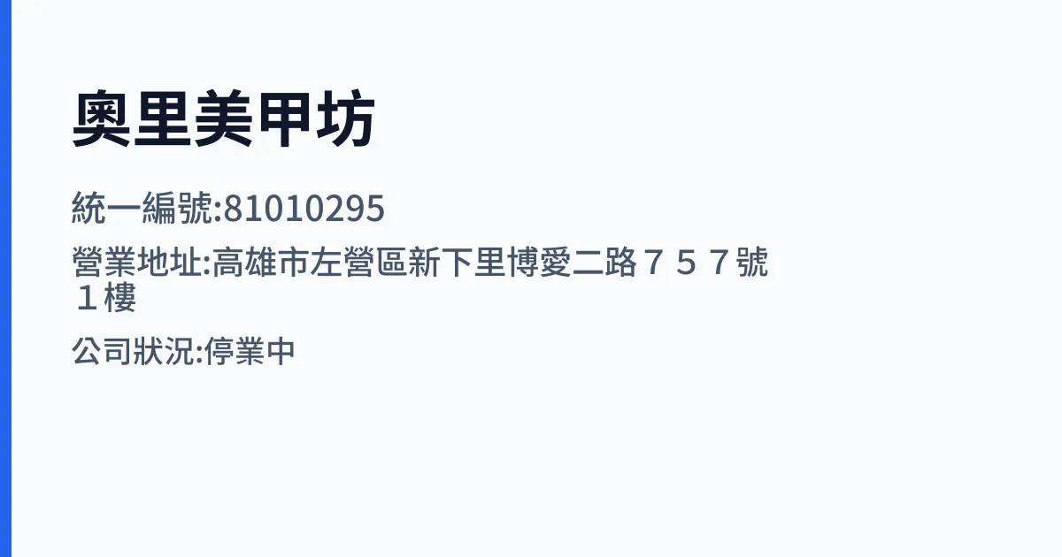 奧里美甲坊 - 統編 81010295(高雄市) 公司登記資料與營業項目詳細圖表