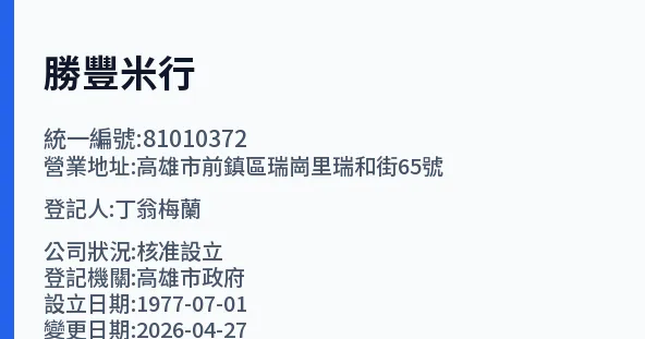 勝豐米行的照片-統編 81010372(高雄市) 公司登記資料與營業項目詳細圖表