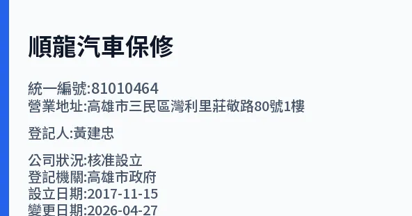 順龍汽車保修的照片-統編 81010464(高雄市) 公司登記資料與營業項目詳細圖表