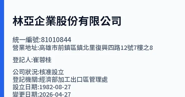 林亞企業股份有限公司的照片-統編 81010844(高雄市) 公司登記資料與營業項目詳細圖表