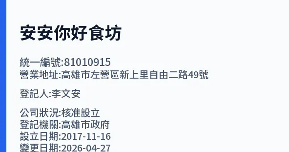 安安你好食坊的照片-統編 81010915(高雄市) 公司登記資料與營業項目詳細圖表