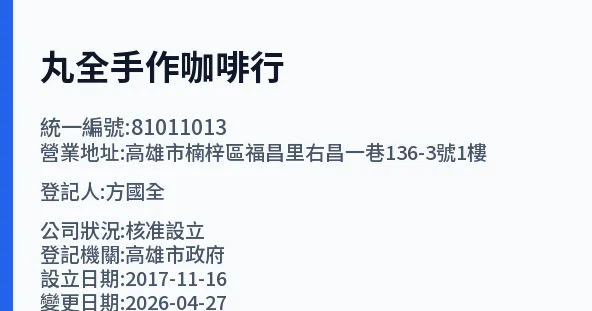 丸全手作咖啡行的照片-統編 81011013(高雄市) 公司登記資料與營業項目詳細圖表