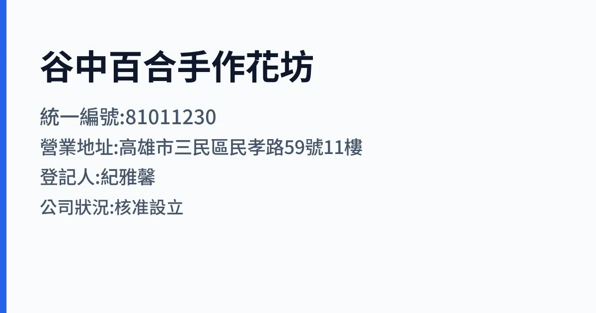 谷中百合手作花坊 - 統編 81011230(高雄市) 公司登記資料與營業項目詳細圖表