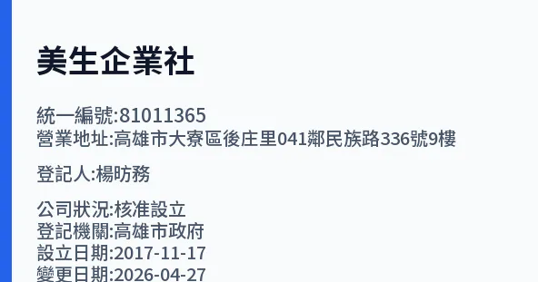 美生企業社的照片-統編 81011365(高雄市) 公司登記資料與營業項目詳細圖表