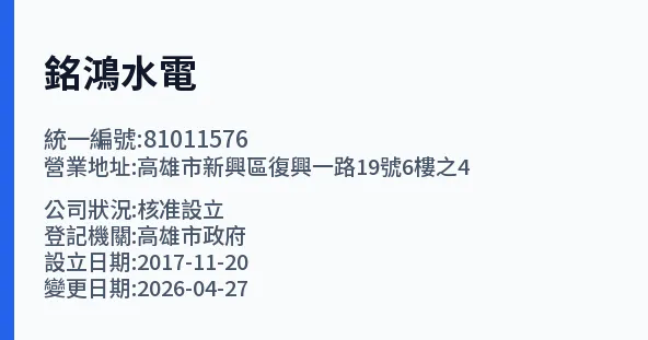 銘鴻水電的照片-統編 81011576(高雄市) 公司登記資料與營業項目詳細圖表