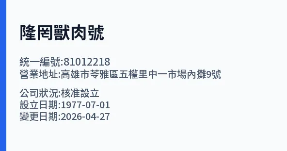 隆罔獸肉號的照片-統編 81012218(高雄市) 公司登記資料與營業項目詳細圖表