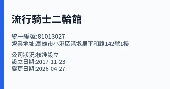 流行騎士二輪館的照片-統編 81013027(高雄市) 公司登記資料與營業項目詳細圖表