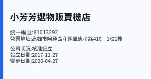 小芳芳選物販賣機店的照片-統編 81013292(高雄市) 公司登記資料與營業項目詳細圖表