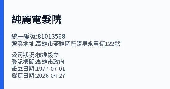 純麗電髮院的照片-統編 81013568(高雄市) 公司登記資料與營業項目詳細圖表