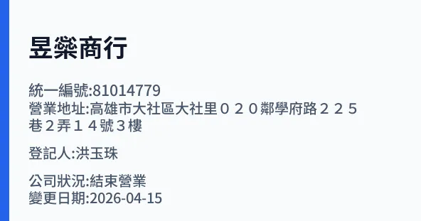 昱橤商行的照片-統編 81014779(高雄市) 公司登記資料與營業項目詳細圖表