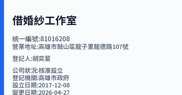 借婚紗工作室的照片-統編 81016208(高雄市) 公司登記資料與營業項目詳細圖表