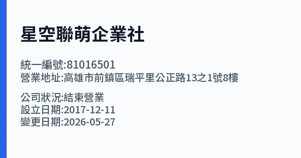 星空聯萌企業社的照片-統編 81016501(高雄市) 公司登記資料與營業項目詳細圖表