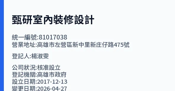 甄研室內裝修設計的照片-統編 81017038(高雄市) 公司登記資料與營業項目詳細圖表