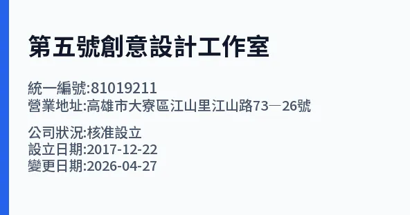 第五號創意設計工作室的照片-統編 81019211(高雄市) 公司登記資料與營業項目詳細圖表