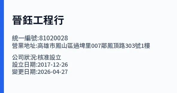 晉鈺工程行的照片-統編 81020028(高雄市) 公司登記資料與營業項目詳細圖表
