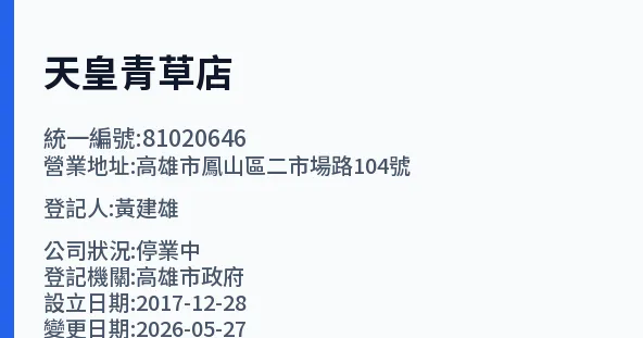 天皇青草店的照片-統編 81020646(高雄市) 公司登記資料與營業項目詳細圖表