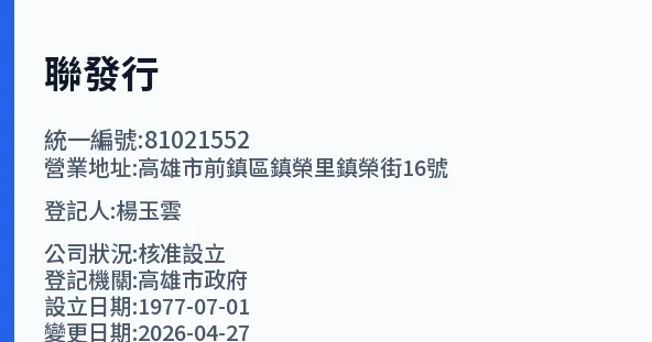 聯發行的照片-統編 81021552(高雄市) 公司登記資料與營業項目詳細圖表