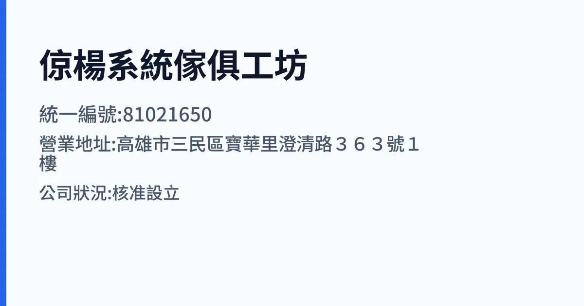 倞楊系統傢俱工坊 - 統編 81021650(高雄市) 公司登記資料與營業項目詳細圖表