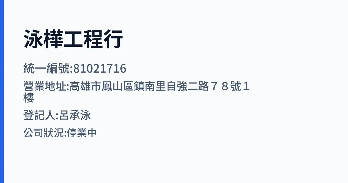 泳樺工程行 - 統編 81021716(高雄市) 公司登記資料與營業項目詳細圖表