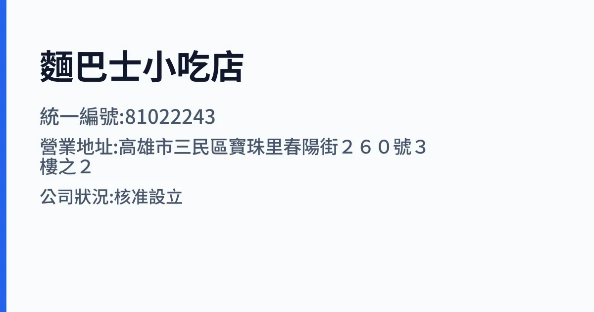 麵巴士小吃店 - 統編 81022243(高雄市) 公司登記資料與營業項目詳細圖表