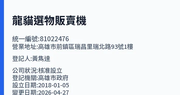 龍貓選物販賣機的照片-統編 81022476(高雄市) 公司登記資料與營業項目詳細圖表