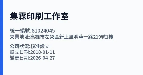 集霖印刷工作室的照片-統編 81024045(高雄市) 公司登記資料與營業項目詳細圖表