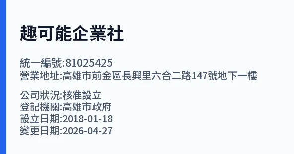 趣可能企業社的照片-統編 81025425(高雄市) 公司登記資料與營業項目詳細圖表