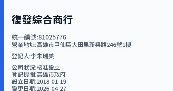 復發綜合商行的照片-統編 81025776(高雄市) 公司登記資料與營業項目詳細圖表