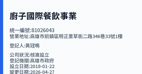 廚子國際餐飲事業的照片-統編 81026043(高雄市) 公司登記資料與營業項目詳細圖表