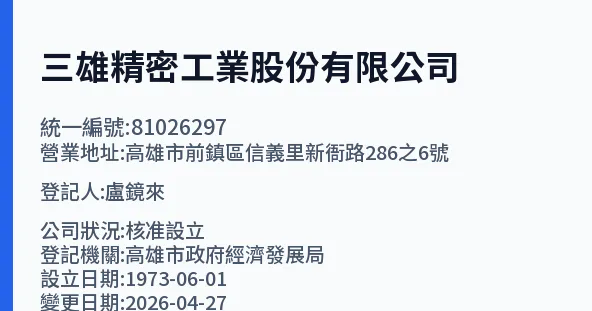 三雄精密工業股份有限公司的照片-統編 81026297(高雄市) 公司登記資料與營業項目詳細圖表