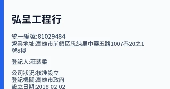 弘呈工程行的照片-統編 81029484(高雄市) 公司登記資料與營業項目詳細圖表