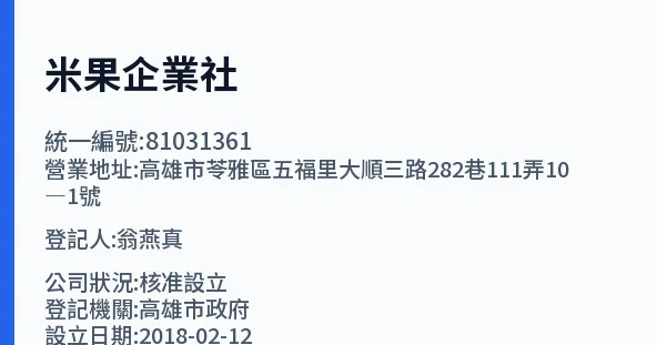 米果企業社的照片-統編 81031361(高雄市) 公司登記資料與營業項目詳細圖表