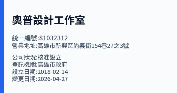 奧普設計工作室的照片-統編 81032312(高雄市) 公司登記資料與營業項目詳細圖表