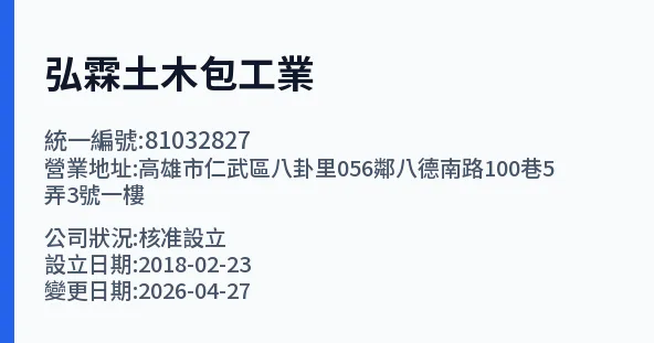 弘霖土木包工業的照片-統編 81032827(高雄市) 公司登記資料與營業項目詳細圖表
