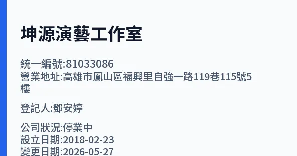 坤源演藝工作室的照片-統編 81033086(高雄市) 公司登記資料與營業項目詳細圖表