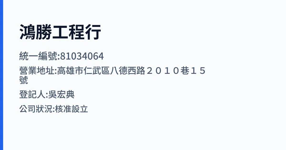 鴻勝工程行 - 統編 81034064(高雄市) 公司登記資料與營業項目詳細圖表