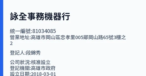 詠全事務機器行的照片-統編 81034085(高雄市) 公司登記資料與營業項目詳細圖表