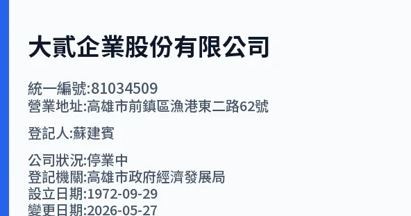 大貳企業股份有限公司的照片-統編 81034509(高雄市) 公司登記資料與營業項目詳細圖表