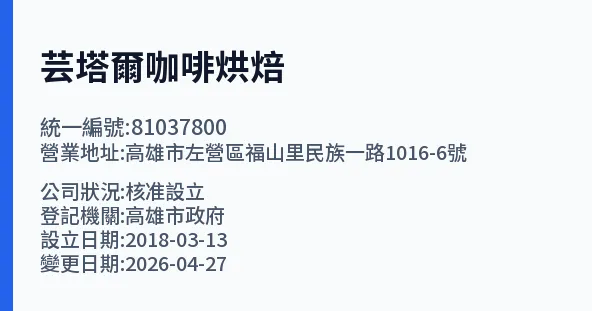 芸塔爾咖啡烘焙的照片-統編 81037800(高雄市) 公司登記資料與營業項目詳細圖表