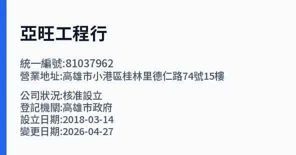 亞旺工程行的照片-統編 81037962(高雄市) 公司登記資料與營業項目詳細圖表