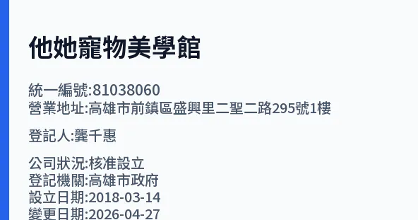 他她寵物美學館的照片-統編 81038060(高雄市) 公司登記資料與營業項目詳細圖表